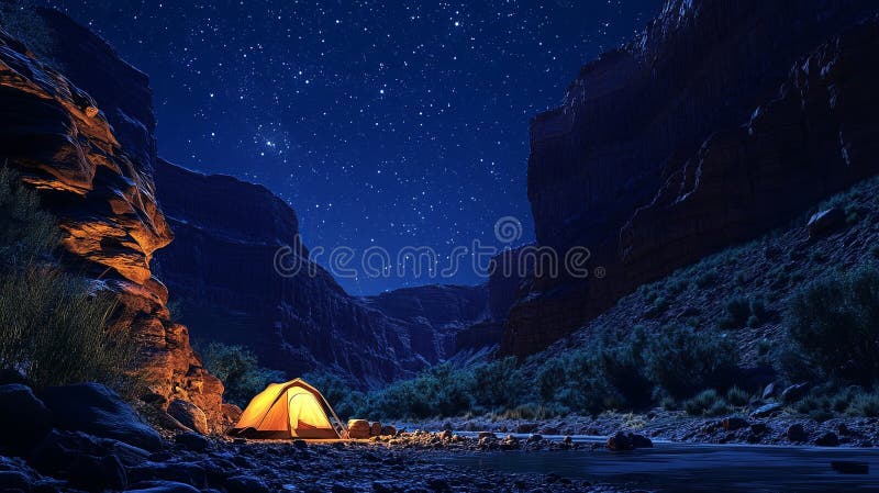 Canyon Camp at Night, Glowing Tent, Stars . Stock Photo - Image of dark ...