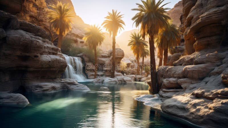 Canyon Oasis with Pool and Palm Trees Stock Illustration - Illustration ...
