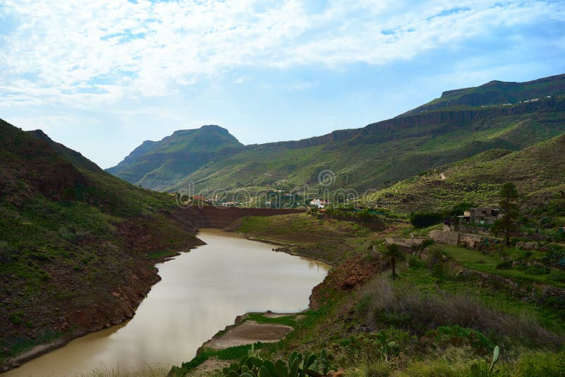 Canyon with River and Dam with Reservoir Stock Photo - Image of wide ...