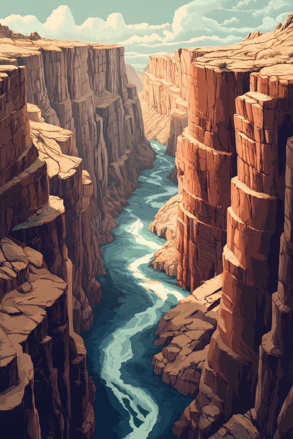 Canyon River Scenic Landscape Art Stock Illustration - Illustration of ...