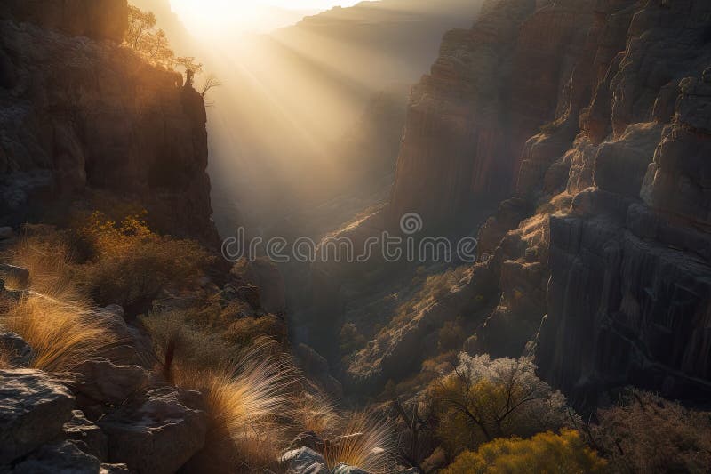 Canyon with the Sun Rising, Casting Rays of Light on the Canyon Walls ...
