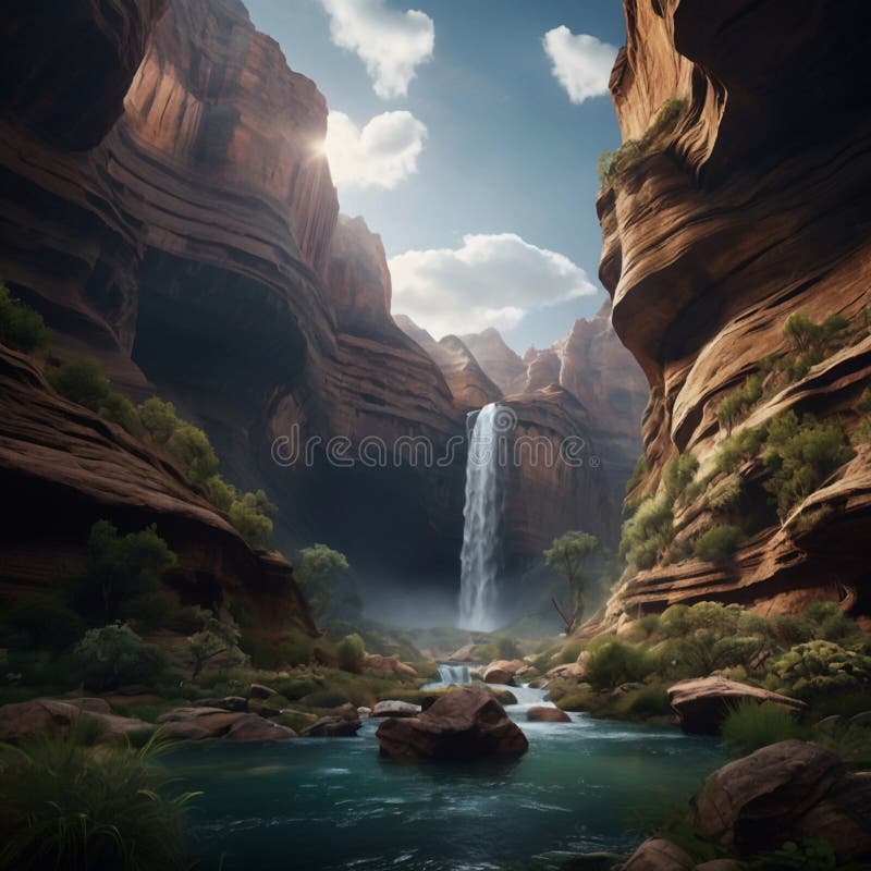 A Canyon with a Waterfall Cascading Down a Red, Rocky Cliffside ...