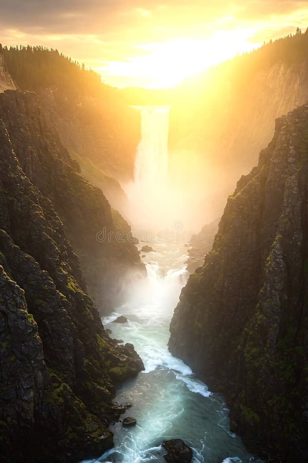 Canyon Waterfall with Sunlight Stock Illustration - Illustration of serene, mist: 374847817