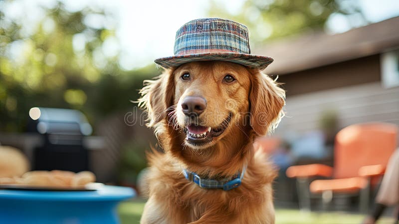 Cap Balanced on Dogs Head at Backyard Party. Stock Image - Image of ...