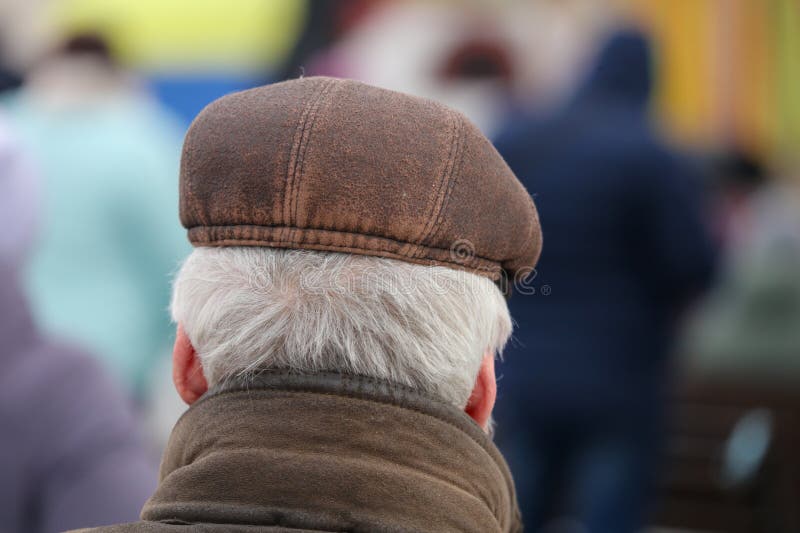 Cap on the Head of a Man with Gray Hair. Back View. Stock Image - Image ...