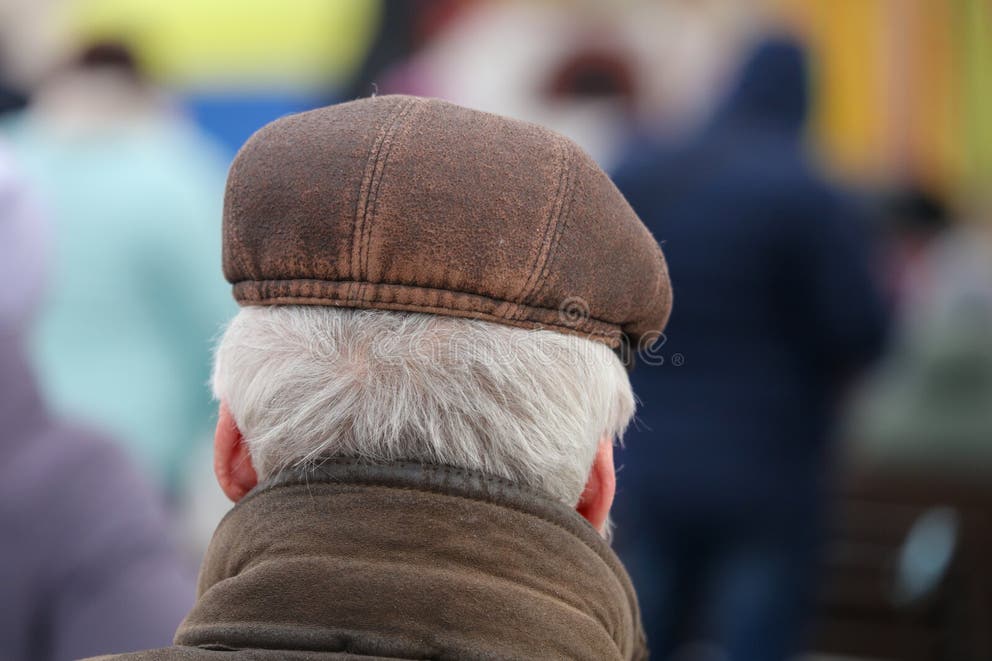 Cap on the Head of a Man with Gray Hair. Back View. Stock Image - Image ...