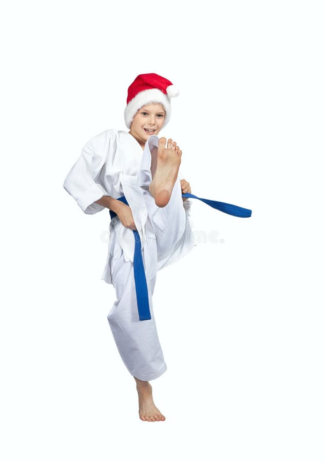 In Cap of Santa Claus Karateka Hits Kick Leg Forward Stock Photo ...