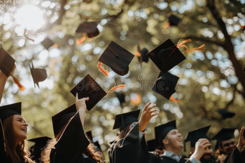 Cap Throwing Ceremony in Nature, Graduates Under Tree Canopy, Joyful ...