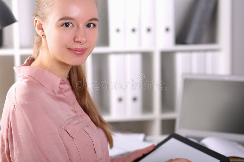 Capable Girl Office in Front Laptop Holds Tablet Stock Image - Image of ...