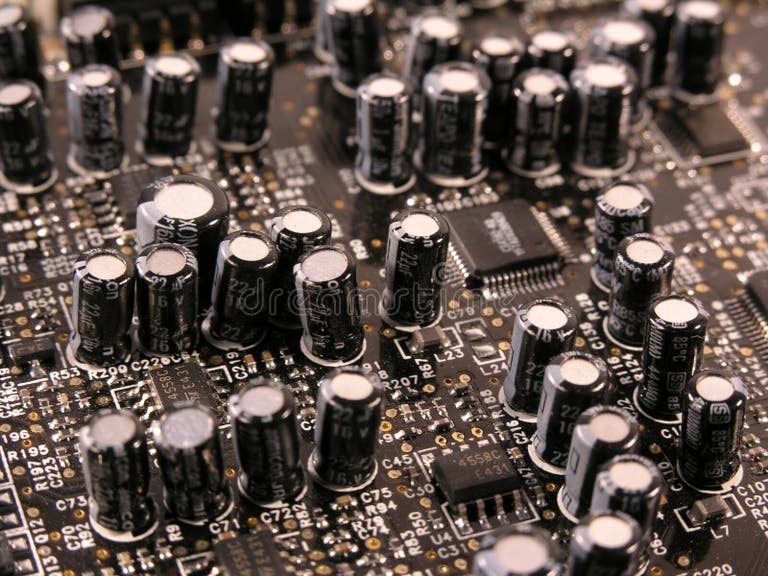 Capacitors on PCB stock image. Image of connection, power - 201065