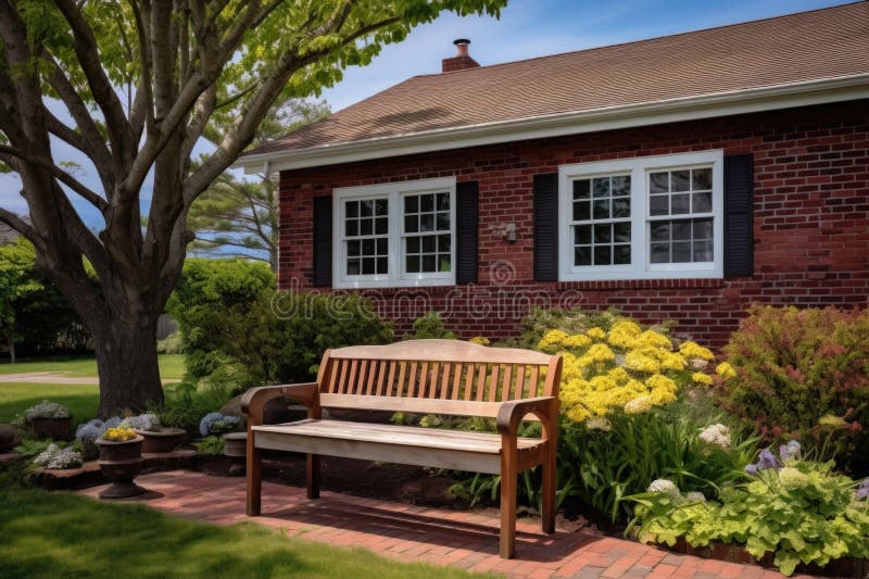 Cape Cod Brick House with Wooden Bench Outside Stock Image - Image of ...
