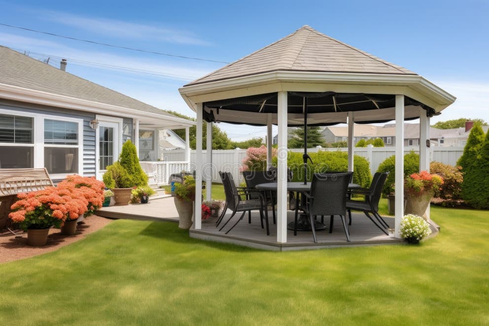 Cape Cod Bungalow Featuring a Large Backyard Gazebo Stock Photo - Image ...