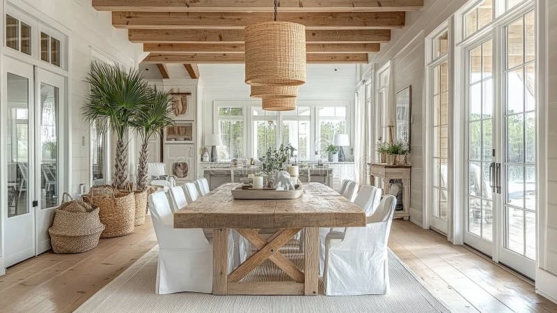 Cape Cod Dining Room with Large Wooden Table, White Chairs, and ...