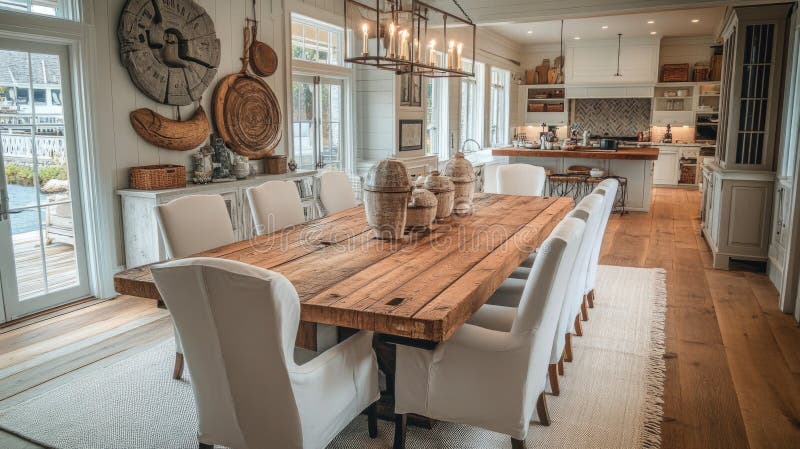 Cape Cod Dining Room with Large Wooden Table, White Chairs, and ...