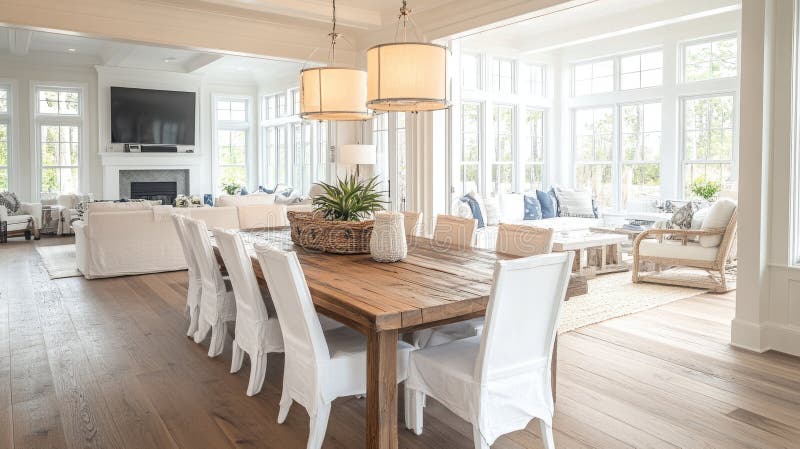 Cape Cod Dining Room with Large Wooden Table, White Chairs, and ...