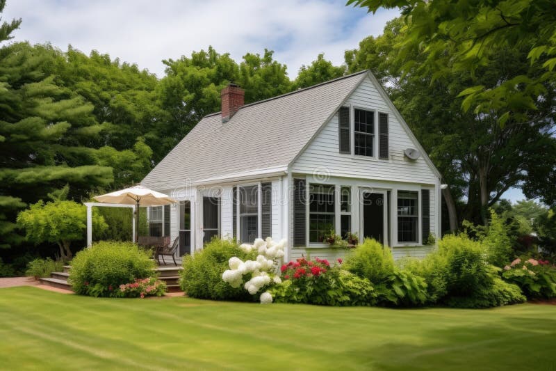 Cape Cod Home with a Side Gable Roof Surrounded by Lush Greenery Stock ...