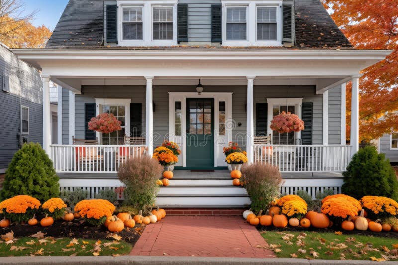 Cape Cod House with an American Style Front Porch Laden with Pumpkins ...