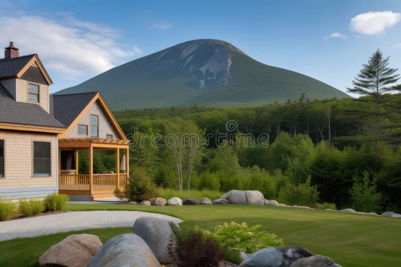 Cape Cod House with Backyard View of Majestic Mountain Range Stock ...
