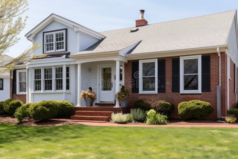 Cape Cod House with Bay Windows and Brick Facade Stock Image - Image of ...