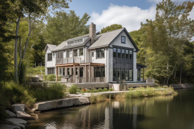 Cape Cod House Exterior with Lake Views, Surrounded by Greenery Stock ...