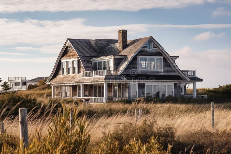 Cape Cod House Exterior, with View of Ocean and Beach in the Distance ...