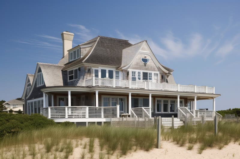 Cape Cod House Exterior, with View of Private Beach and Ocean Beyond ...