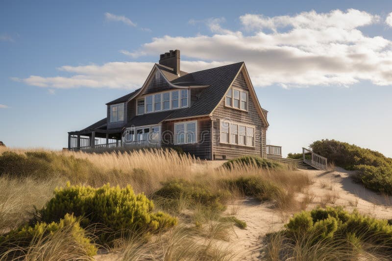 Cape Cod House Exterior with View of Rolling Dunes and Sparkling Ocean ...