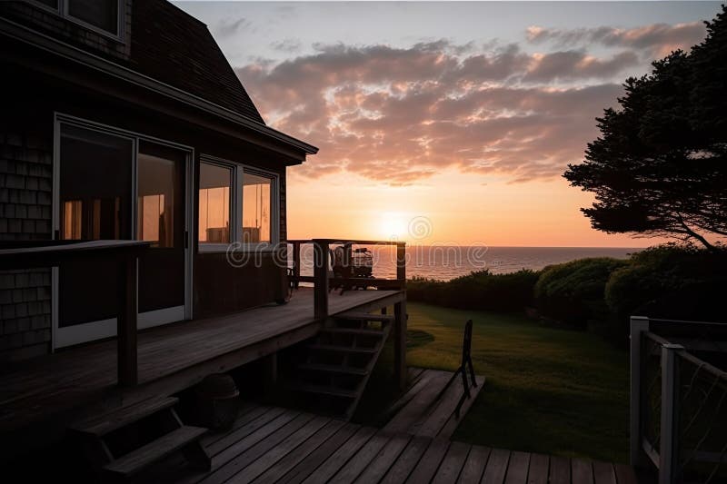Cape Cod House with Private Beach and Sunsets Stock Illustration ...