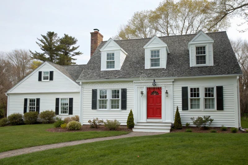 Cape Cod House with Three Dormers & Red Door Stock Illustration ...