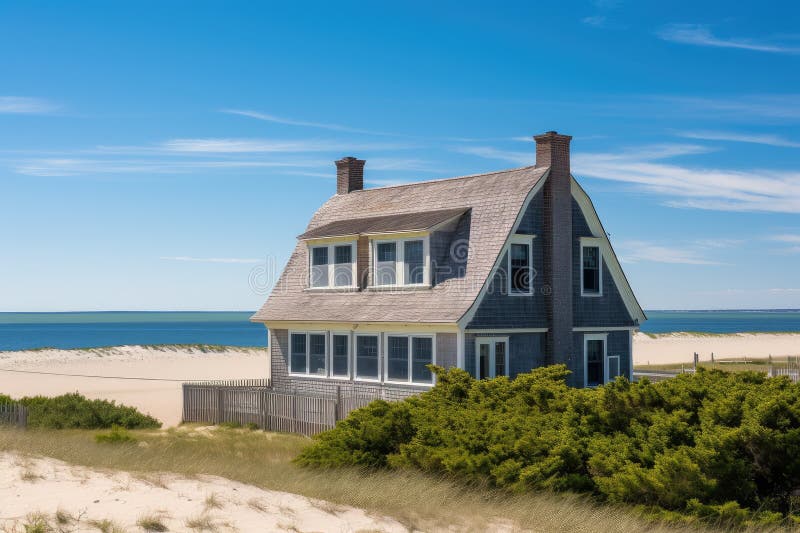 Cape Cod House, with View of the Beach and Ocean, on a Warm Sunny Day ...