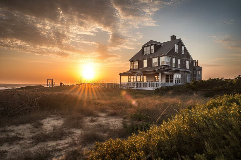 Cape Cod House with View of Sunset Over the Ocean, Waves Rolling in ...