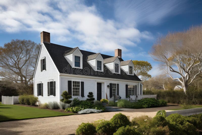 Cape Cod House with White Siding and Black Shutters Against Blue Sky ...