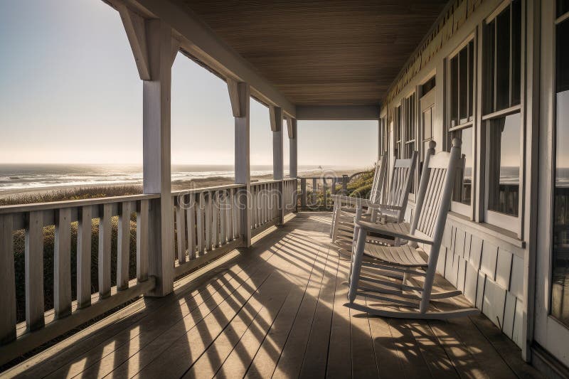 Cape Cod House with Wrap-around Porch, Rocking Chairs, and View of the ...