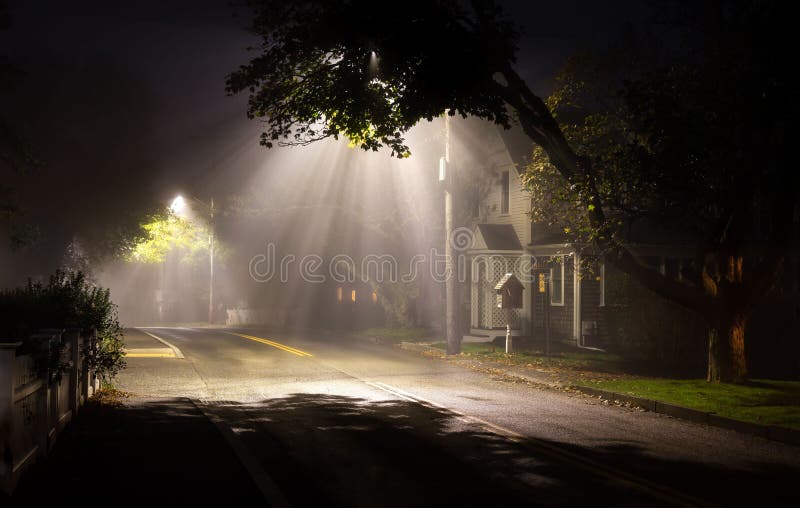 Cape Cod Road on a Foggy Night. Stock Image - Image of houses, trees ...