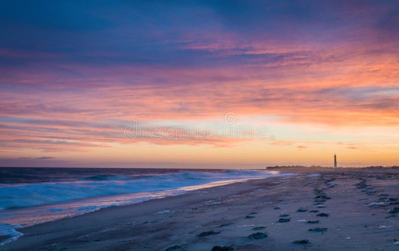 Cape May NJ Lighthouse and Atlantic Ocean at Sunset in Springtime Stock ...