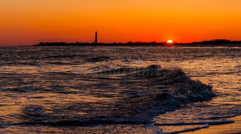 The Cape May Point Lighthouse and Waves on the Atlantic at Sunset, Seen ...