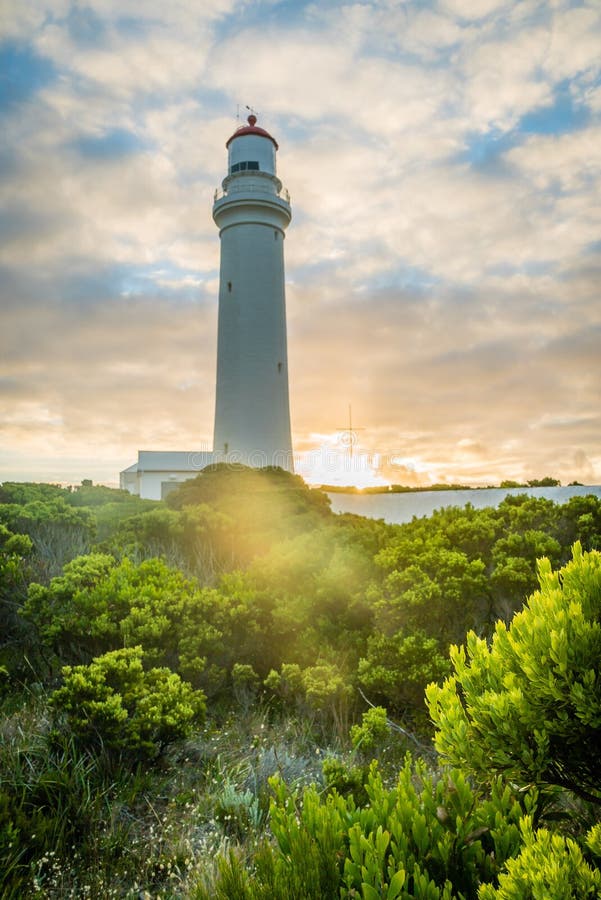 Cape Nelson White Lighthouse Backlit at Sunset Stock Photo - Image of ...