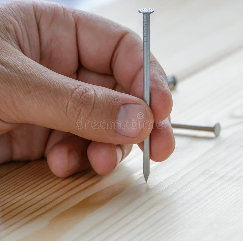 Capenter Holding Iron Nail in Hand on Wooden Plank. Stock Photo - Image ...
