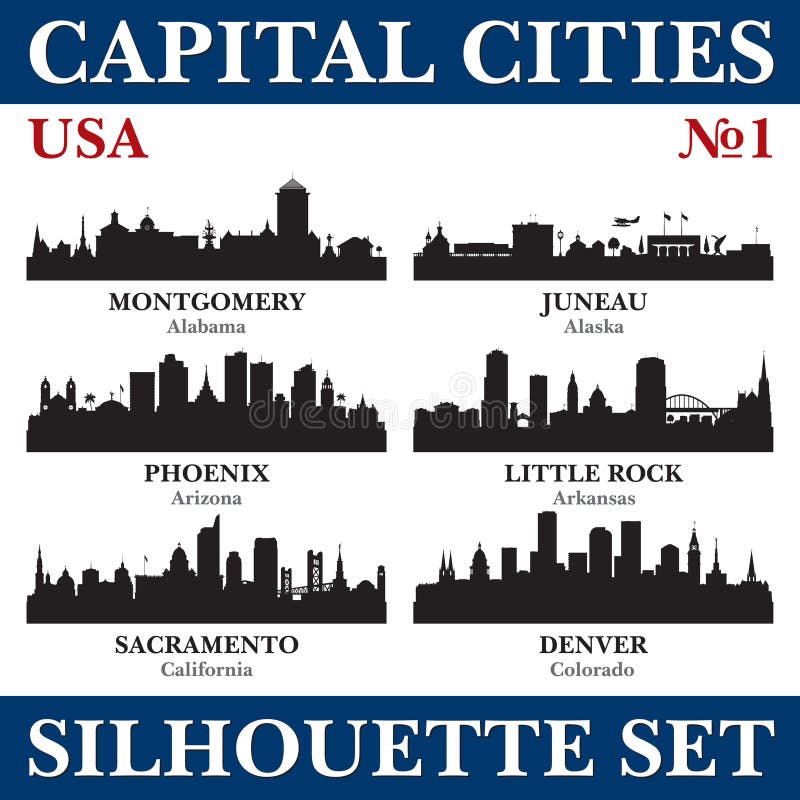 Capital Cities Silhouette Set. USA. Part 1 Stock Vector - Illustration ...