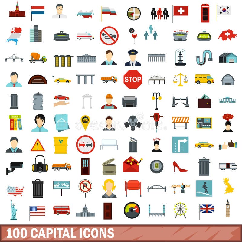 100 Capital Icons Set, Flat Style Stock Vector - Illustration of ...