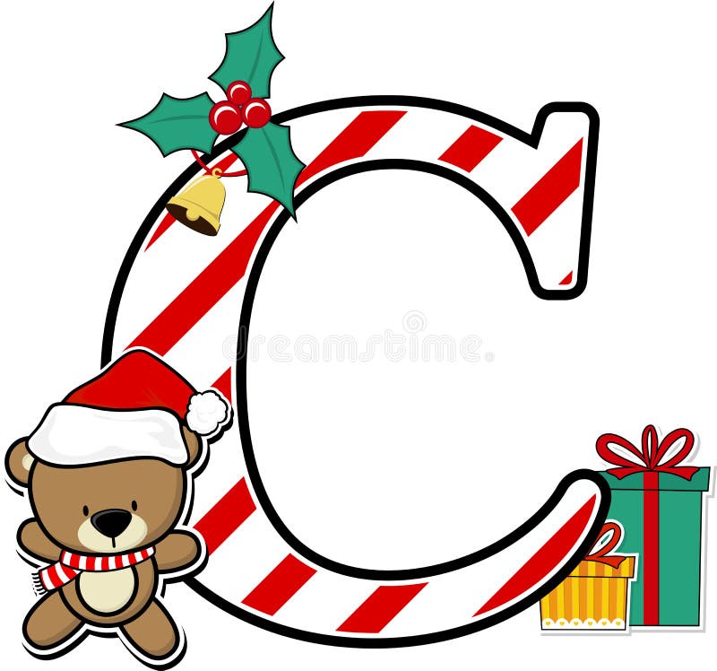 Capital Letter C with Cute Teddy Bear and Christmas Design Elements ...