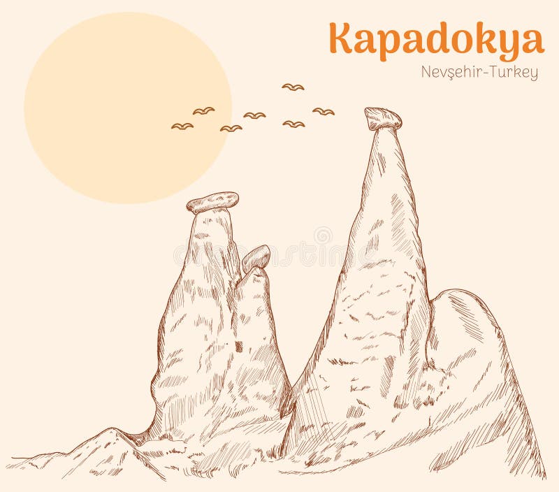 Cappadocia - Nevsehir Turkey. Hand Drawing Vector Illustration Stock ...