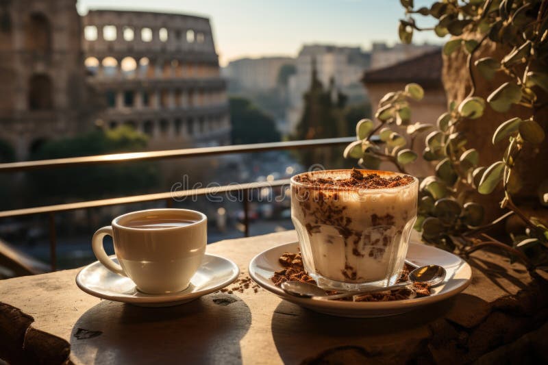 Cappuccino and Cannoli in a Coffee Overlooking the Rome Coliseum, with ...