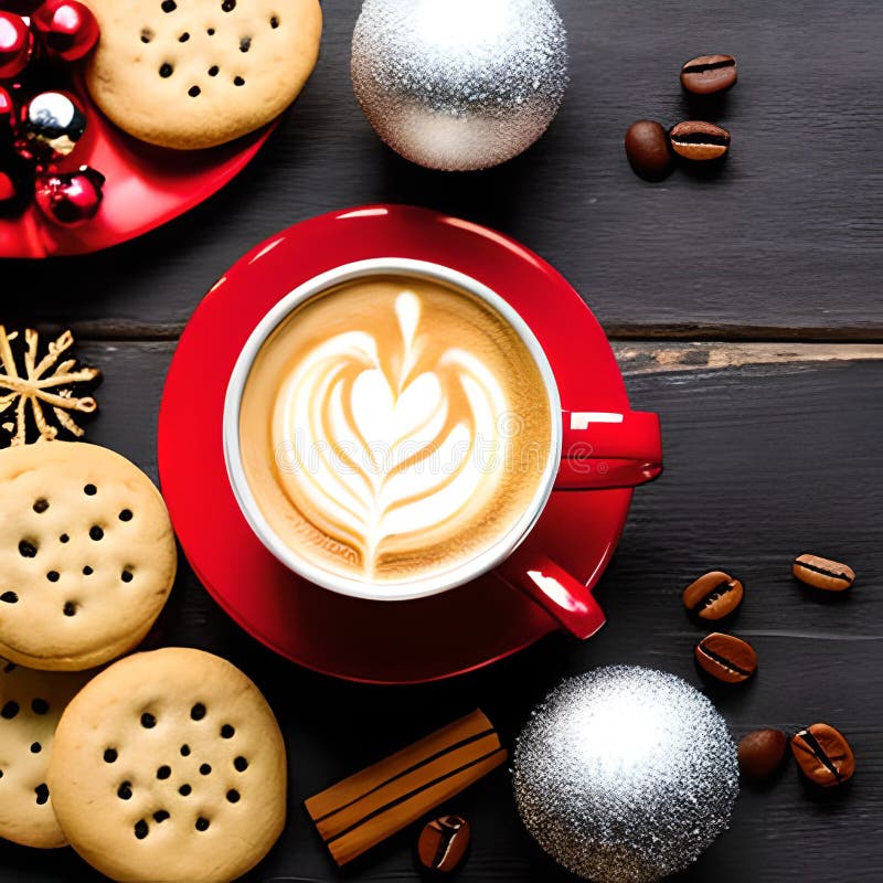 Cappuccino Coffee and Some Christmas Stuff on the Table. Stock ...
