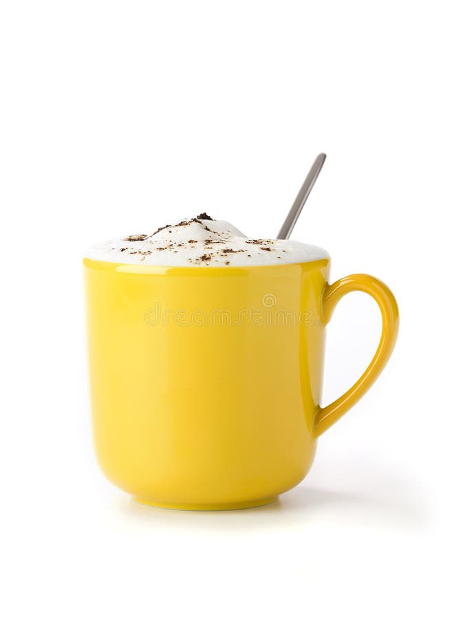 Cappucino in gele mok stock afbeelding. Image of cappuccino - 4370285
