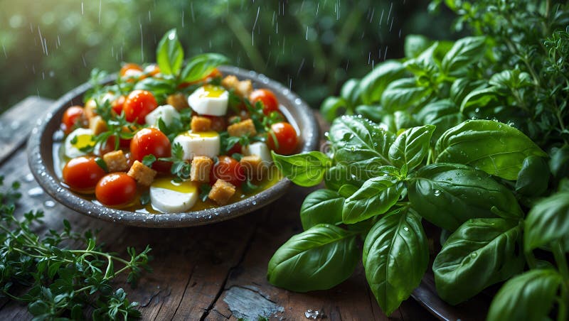 Refreshing Caprese Salad with Basil and Croutons Under the Rain Stock ...