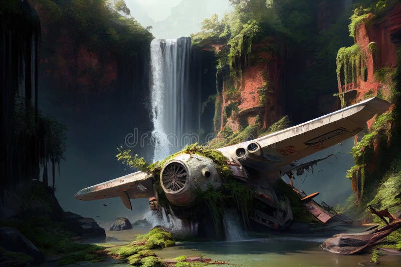 Capricious Plane Wreck on Top of a Waterfall, Surrounded by Lush ...
