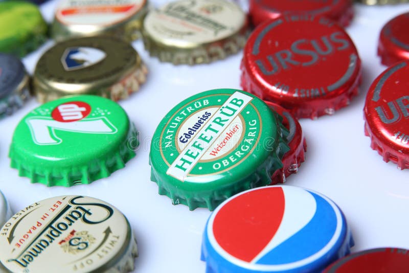 Caps of beer and beverage editorial photo. Image of commercial - 95071436