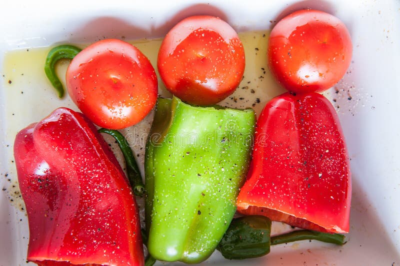 Capsicum, Tomato and Chilli Ready To Bake Stock Image - Image of ...
