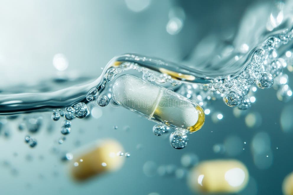 Capsule Dissolves in Water, Creating Effervescent Bubbles and Intricate ...